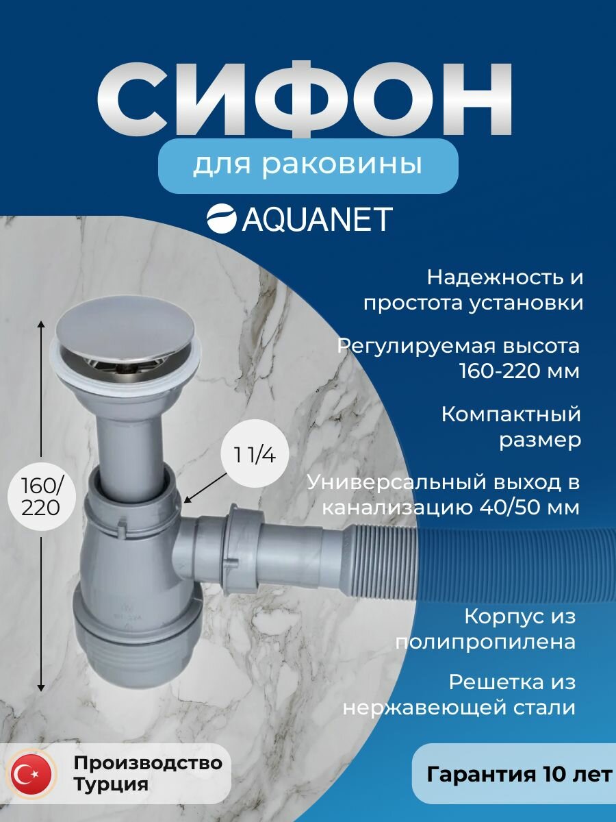 Сифон для раковины Aquanet d40/50, серый, пластиковый, для ванной комнаты, бутылочный