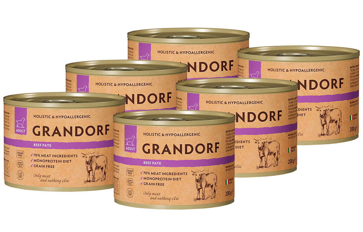 Корм влажный Grandorf для взрослых собак с говядиной, 200 г х 6 шт