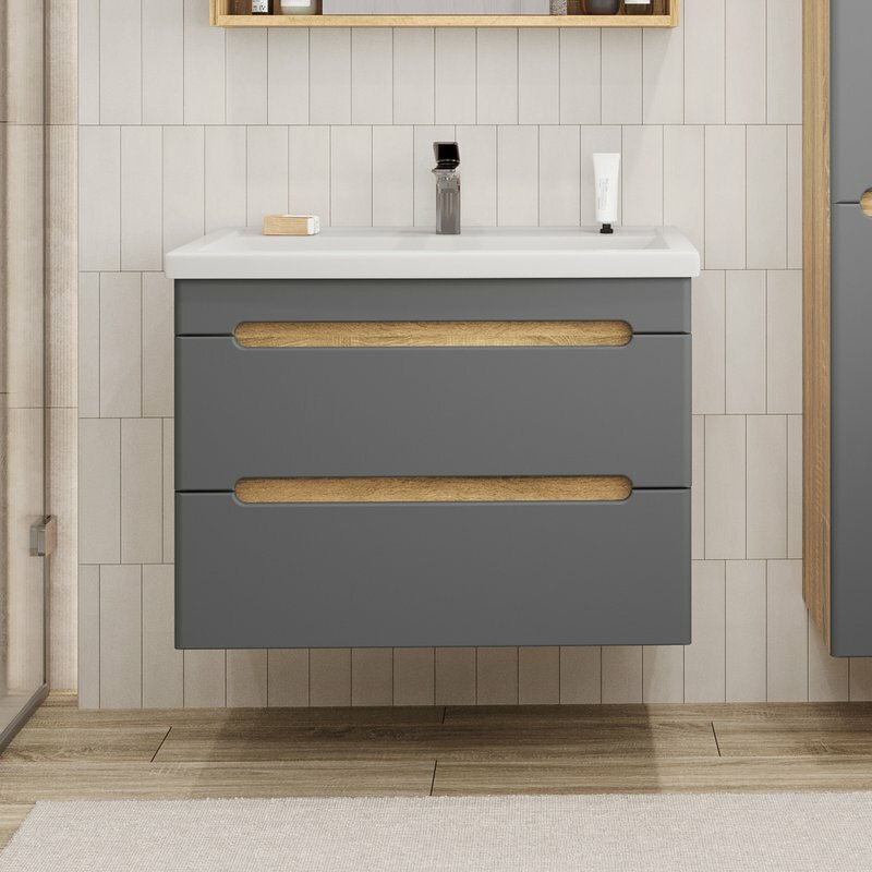 Тумба с раковиной SanStar Diva 70 подвесная, графит софт, дуб вотан, раковина Фостер 70