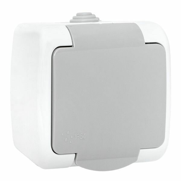 Розетка 1-м ОП Мурманск 16А IP54 с заземл. защ. шторки с крышкой сер. EKF EFR16-029-30-54