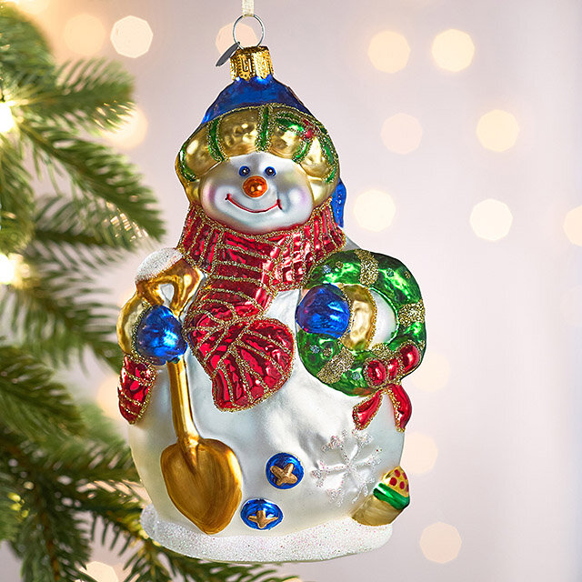 Елочная игрушка Снеговик Лоуэрс с лопаткой 15 см в подарочной коробке, стекло, Winter Deco, 5030106