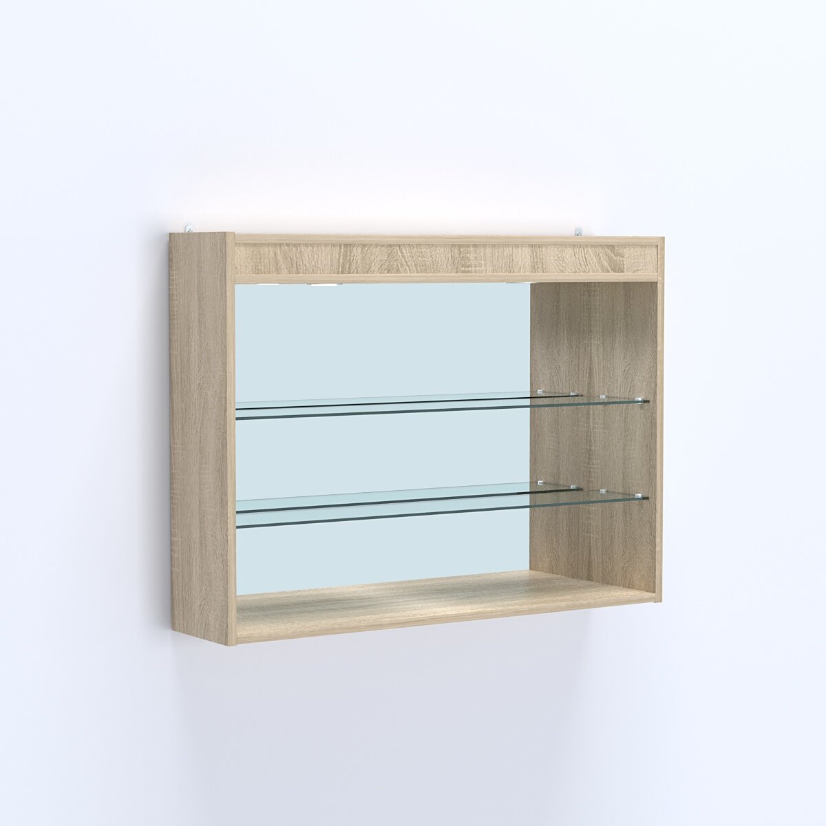 Витрина настенная №203-4Г зеркальная без дверей со стеклянными полками и верхней подсветкой, Дуб Сонома