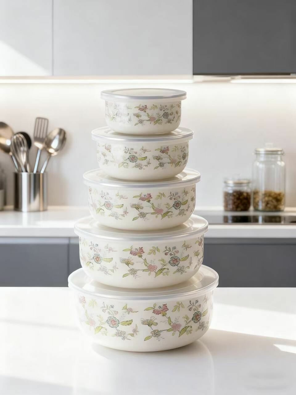 Комплект Из 5 Эмалированных Чашек С Крышками Для Кулинарии 18.60X18.60X7.50Cm