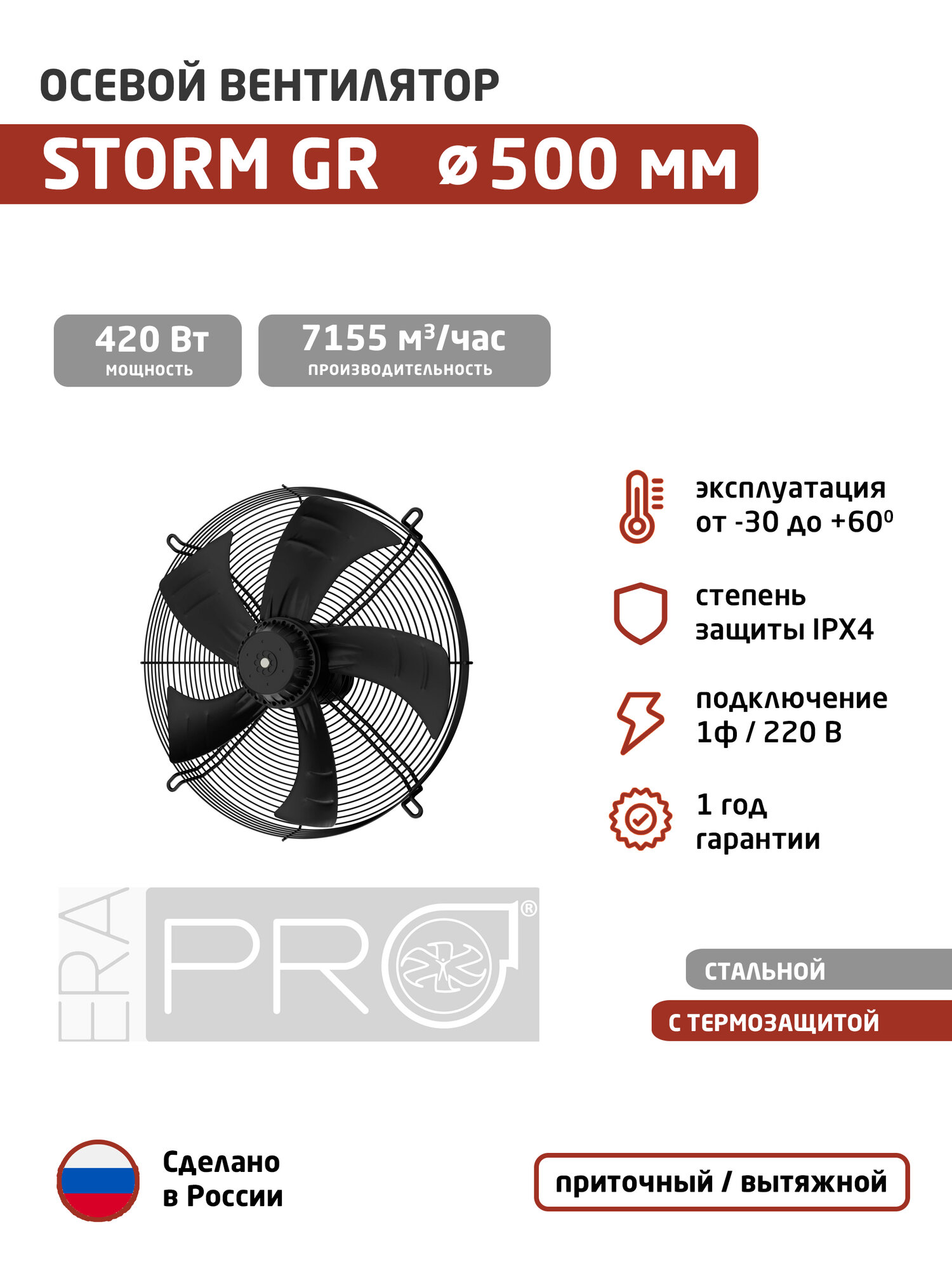 Вентилятор осевой с защитной решеткой STORM GR 500 4полюс ERA PRO (1ф/220, 420 Вт, 1300 об/мин, 7190 м3/час)
