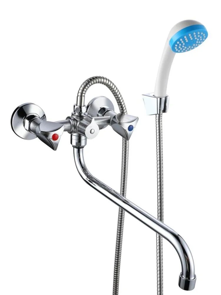 Смеситель с длинным изливом для ванны РМС SL119-143 с душевым гарнитуром, поворотный, металлический, хром, глянцевый, смеситель для ванны с душем, вентильный