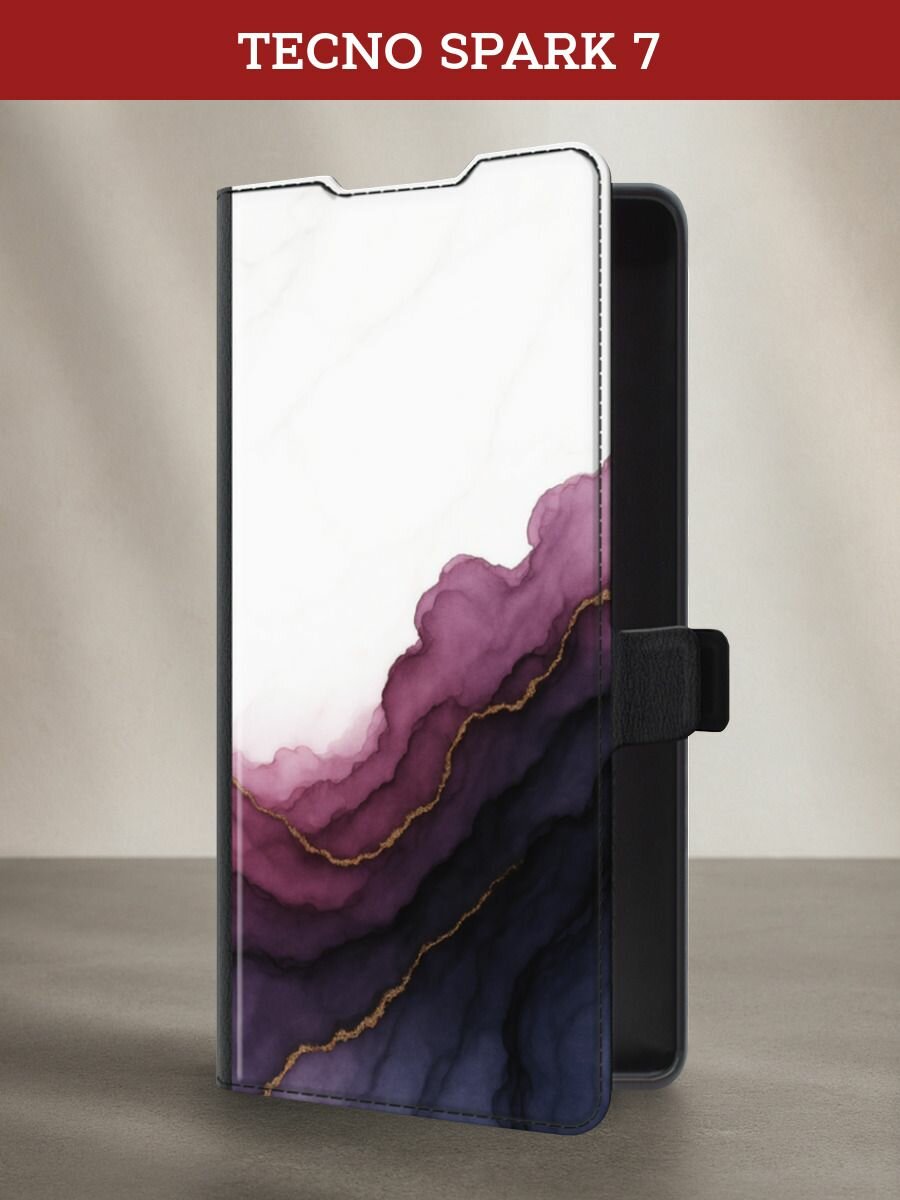Чехол-книжка на Tecno Spark 7 / Текно Спарк 7 с принтом Акварельный разлив, черный