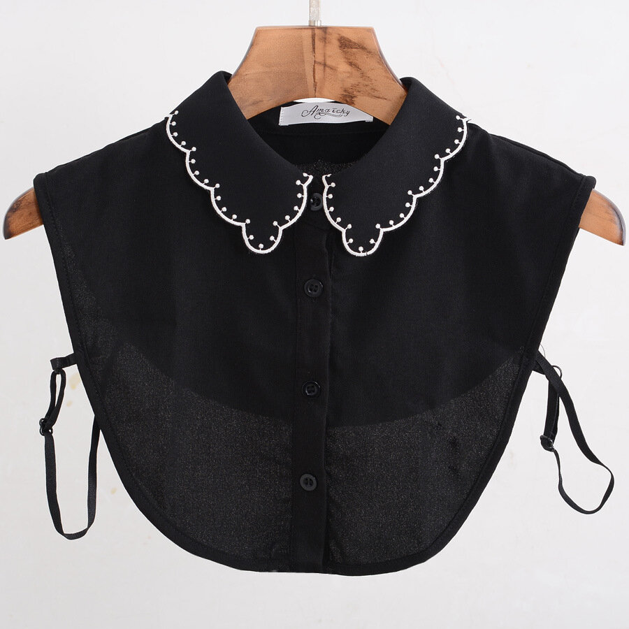 Шифоновый вышитый кружевной воротник для женщин, универсальный декоративный воротник для рубашки на осень и зиму, антипрозрачный воротник с милыми волнами, черный