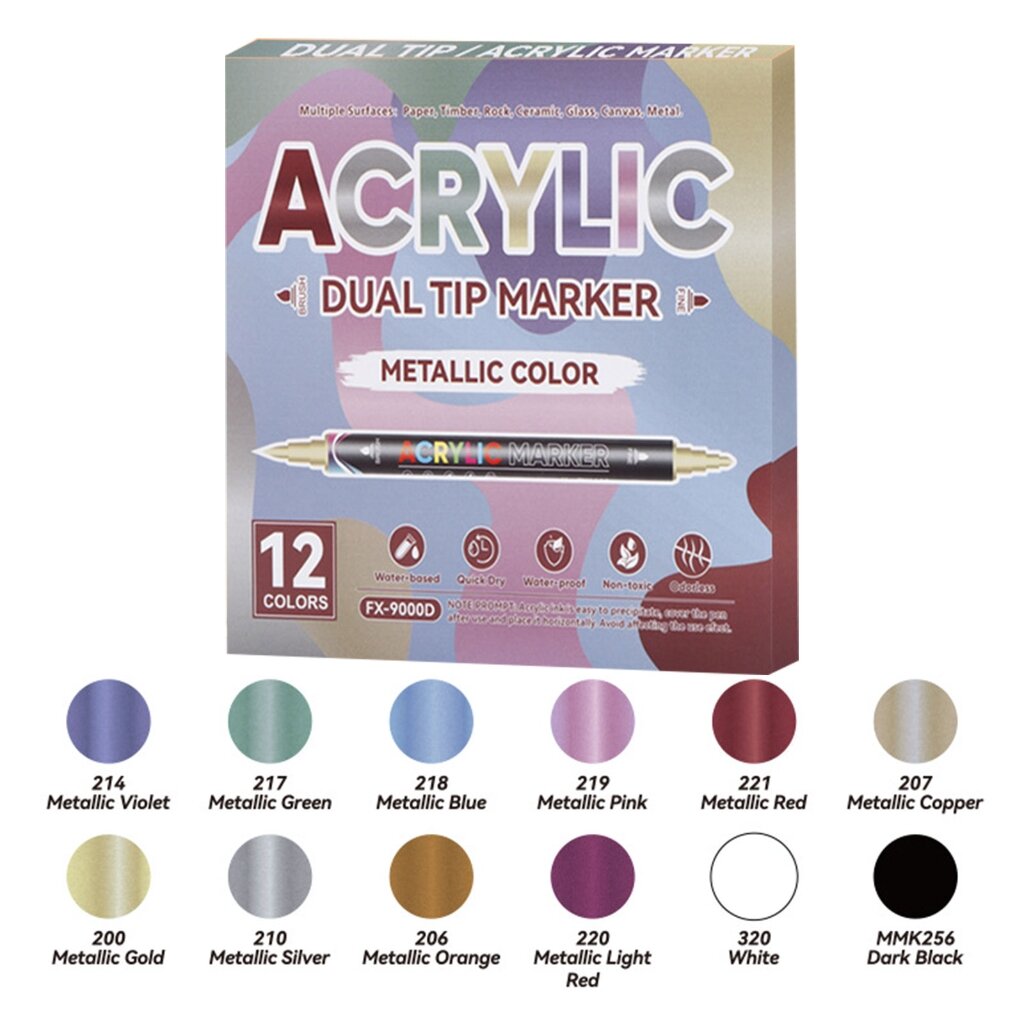 12 Цветная Металлическая Акриловая Ручка Для Рисования Водонепроницаемым Акриловым Маркером с Двойным Наконечником для Рисования Миниатюрной Картины, Модельной Раскраски