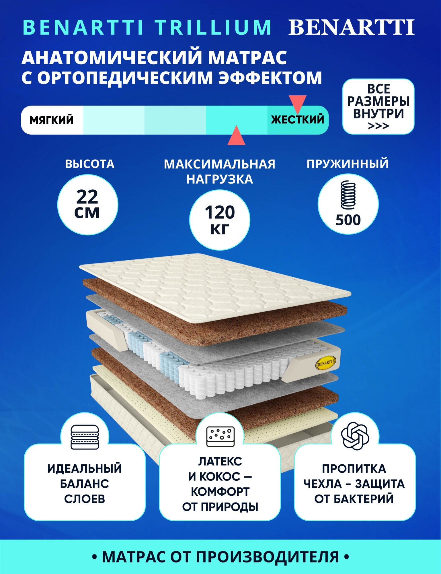 Матрас Benartti Trillium 165х190 серии Lux высота 22 см анатомический жесткий кокосовый латексный Независимые пружины