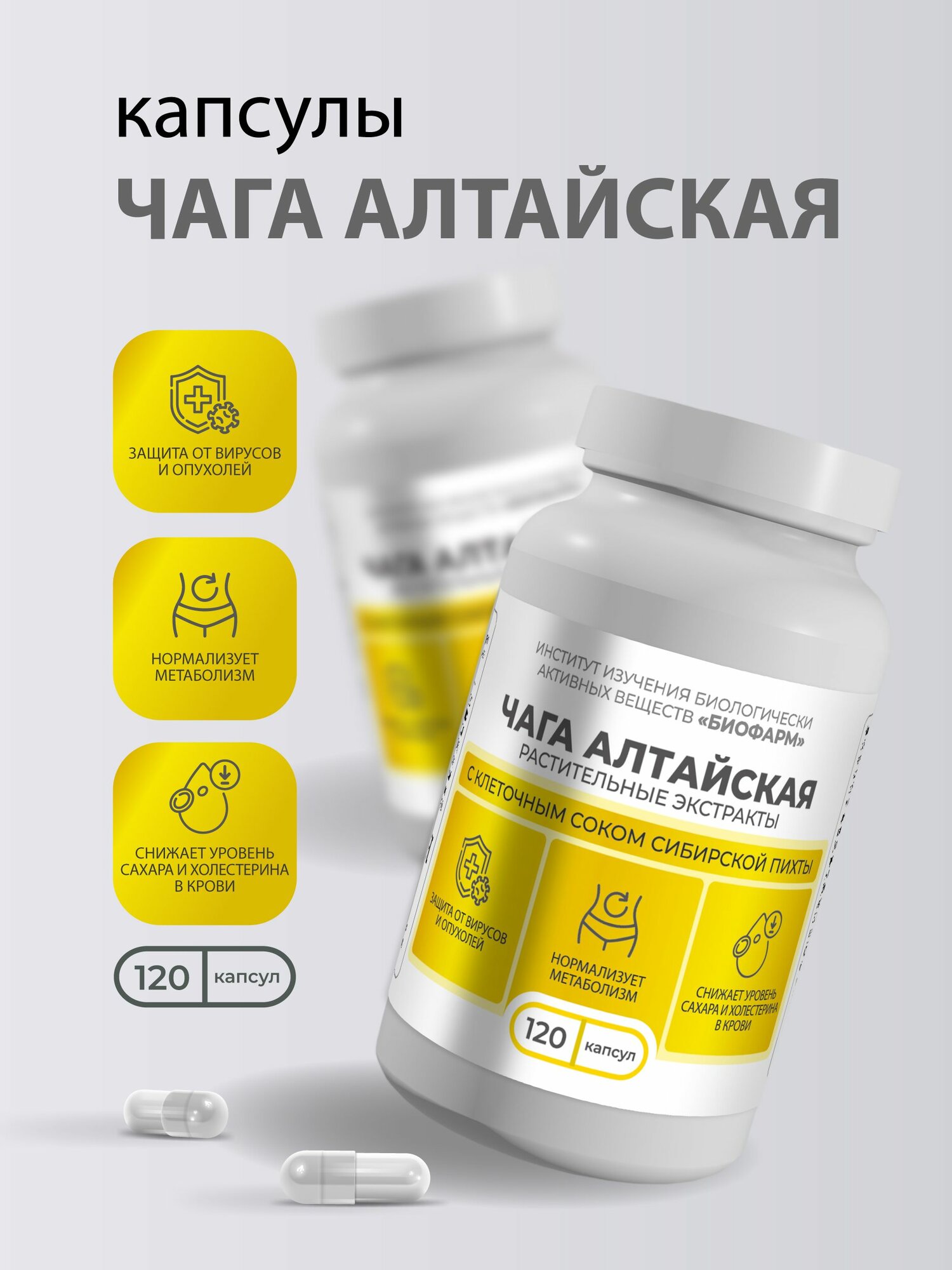 Капсулы с сухими растительными экстрактами- Чага 120 шт. Натуральный состав — фото 1