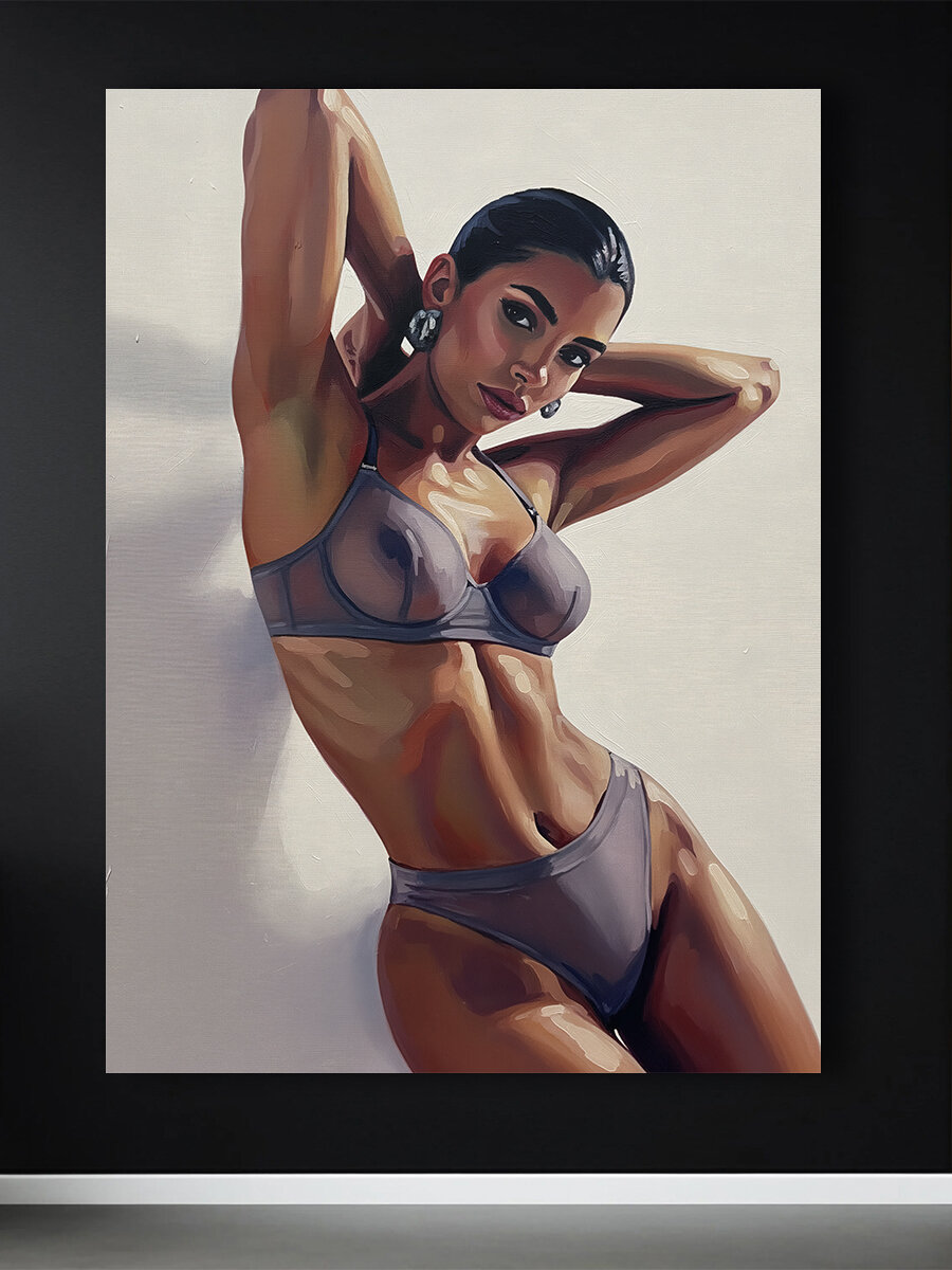 Картина интерьерная - "Стильные девушки в купальниках, бикини, яркий дизайнерский арт на стену в спальню для мужчины" , 40х60 см.