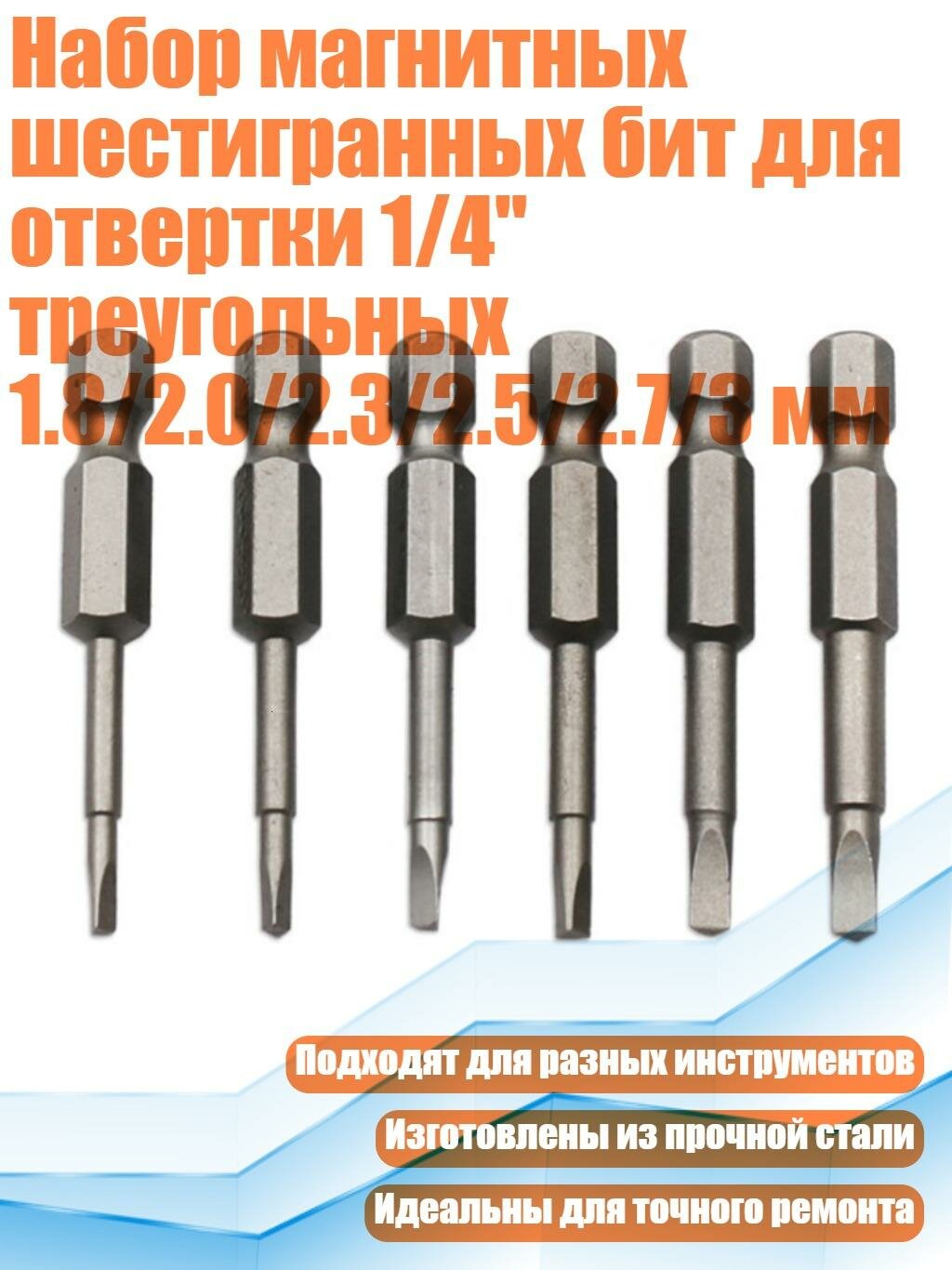 Набор магнитных шестигранных бит для отвертки 1/4" треугольных 1.8/2.0/2.3/2.5/2.7/3 мм