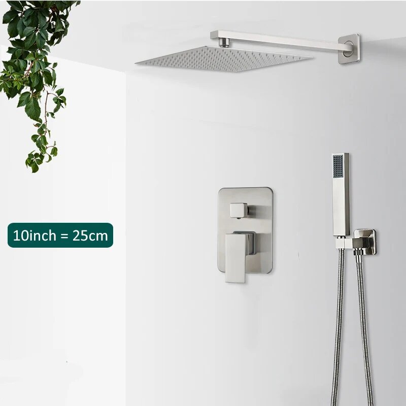 Душевые смесители с вибрационно-обработанной никелевой отделкой Комплект дождевого водопада Душовая система Монтируемая на стену Душевой смеситель для ванны Комплект душа для ванной комнаты-2-ходовой 10 дюймов