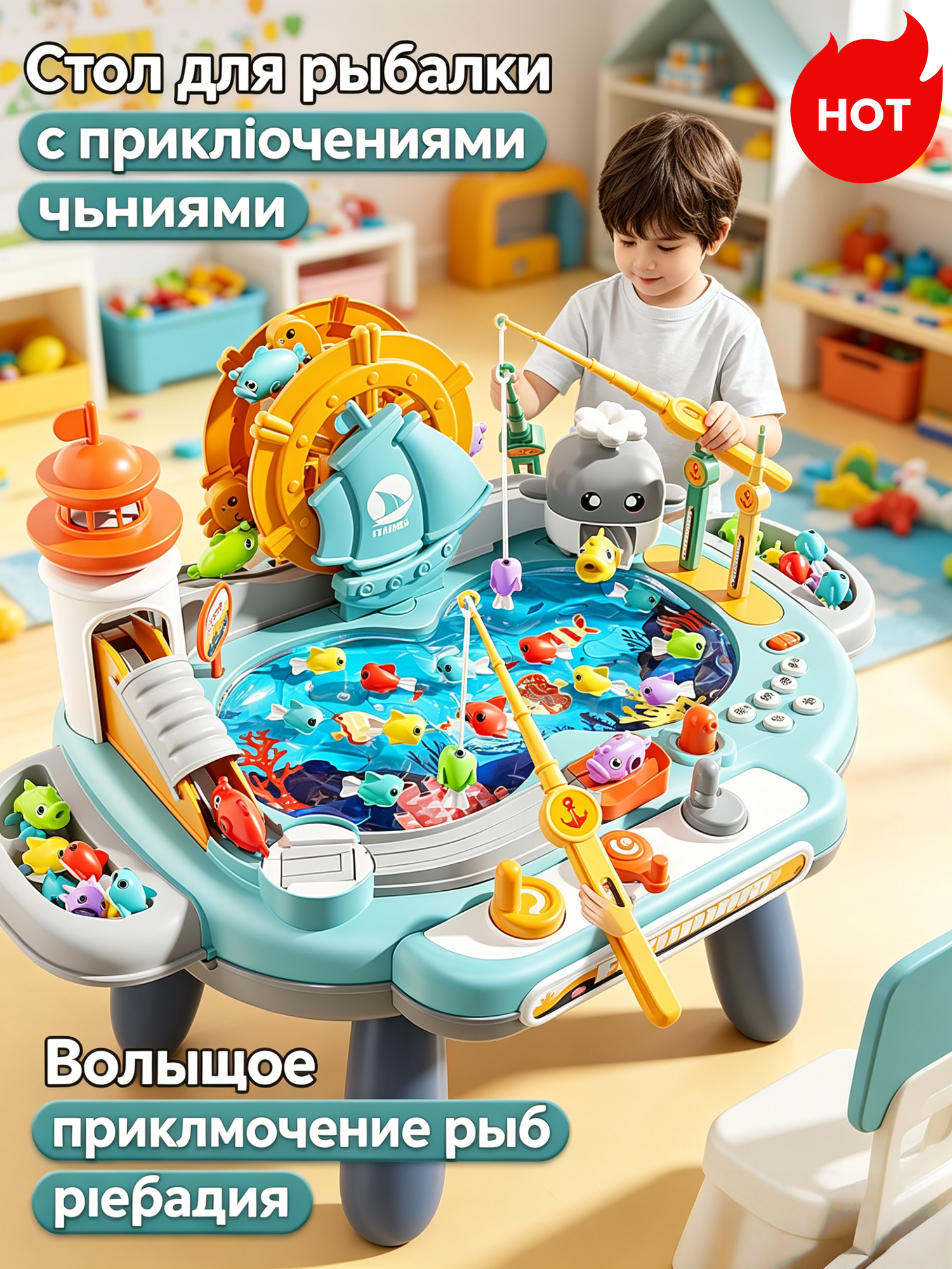 Игровой стол для рыбалки с магнитом, детская развивающая игра, с музыкой и светом, синий