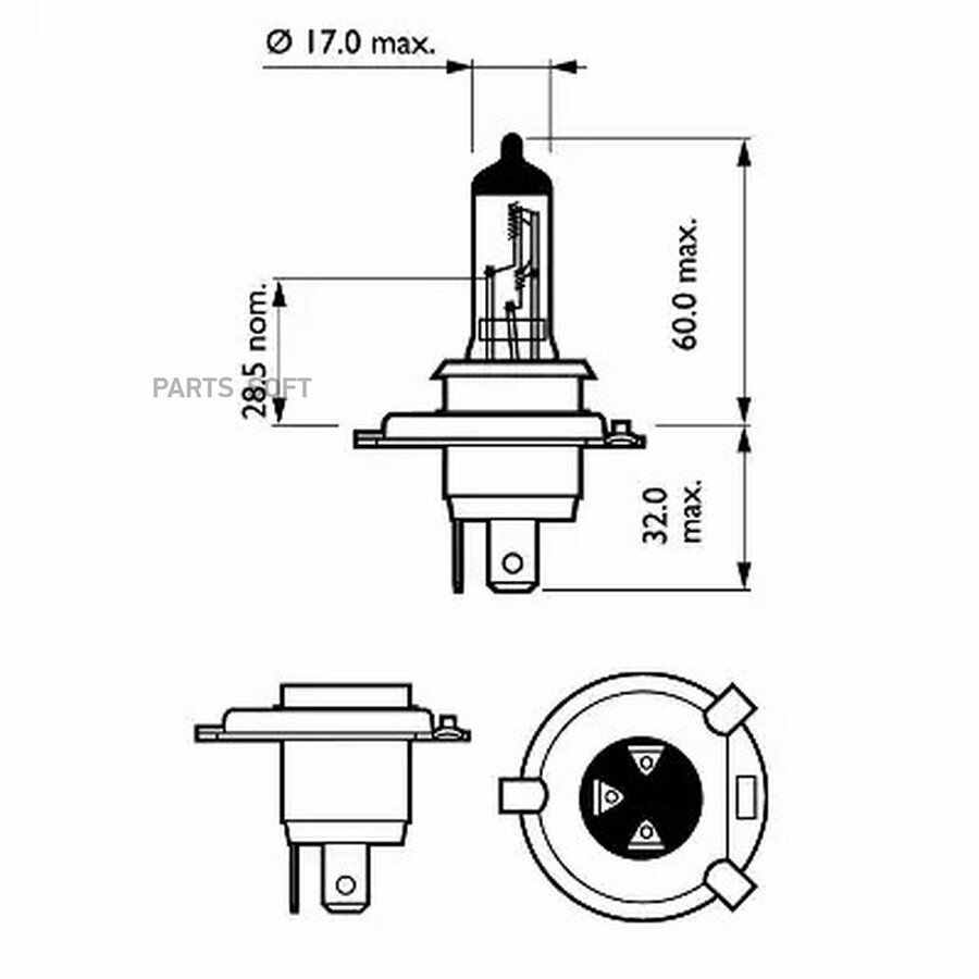 Лампа H4 12V 60/55W Vision карт.1 шт. от официального дистрибьютора, PHILIPS, артикул 12342PRC1