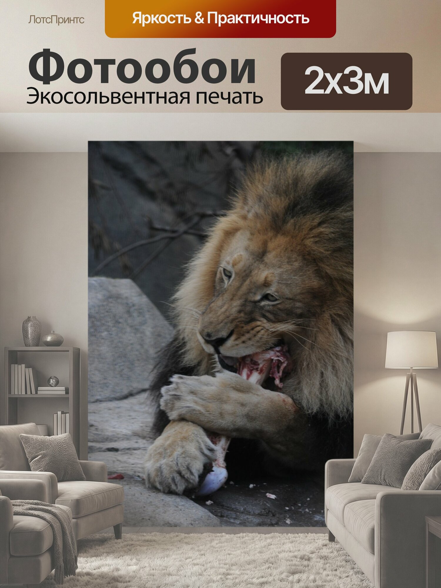 Фотообои "Лев обедает Огромный лев, наслаждаясь его обед лев зверь дикий зоопарк питание кости лапы большая кошка кошка" 200x300 см. экосольвентная печать