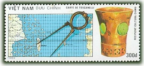 (1990-073a) Марка Вьетнам "Карта, составленная Тосканелли" Без перфорации 500 лет открытия Америки