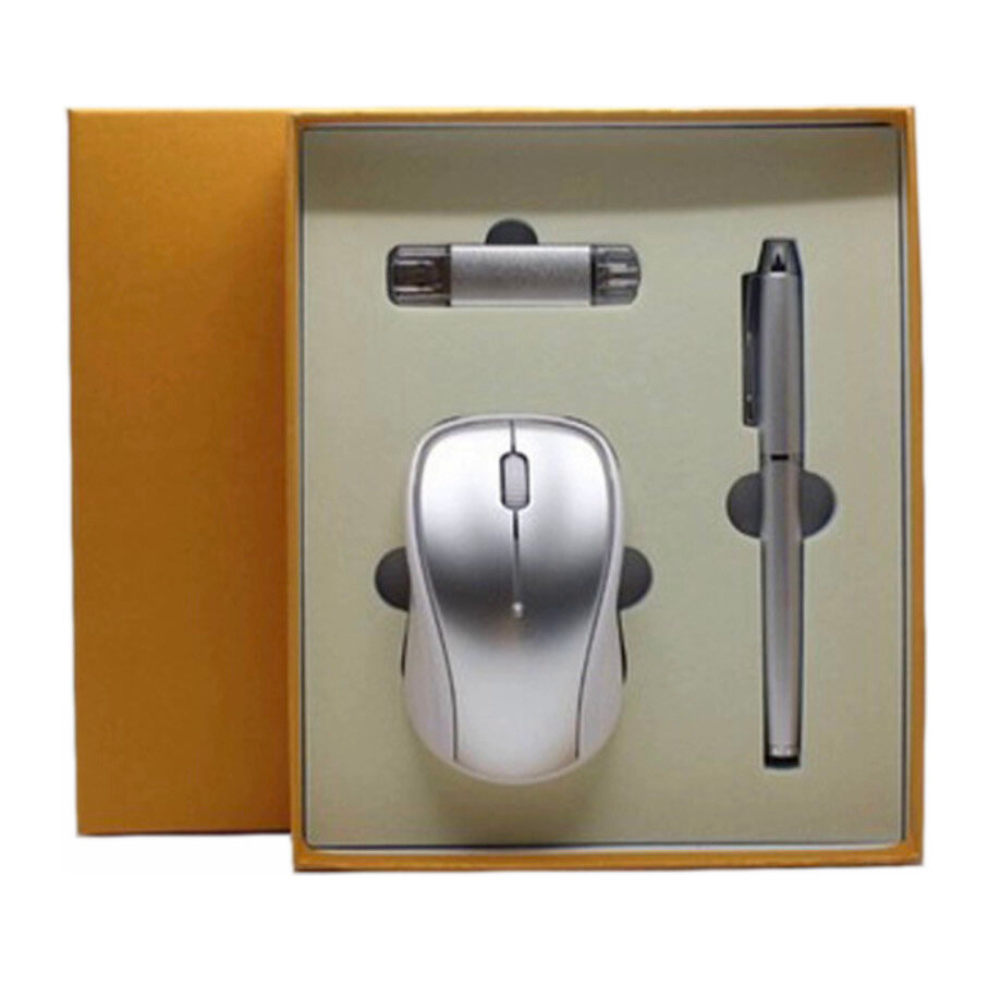 Подарочный набор MyPads M153-951 в серебряном цвете (беспроводная USB Мышь + ручка + USB-накопитель на 8 ГБ) подарок на корпоративное мероприяти.