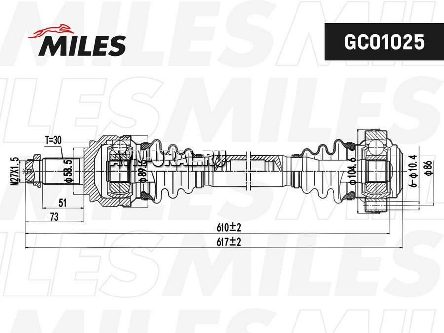 Привод в сборе левый BMW E90/E81/E87 2.5-3.0 05- (GKN 304484) GC01025 Miles арт. GC01025