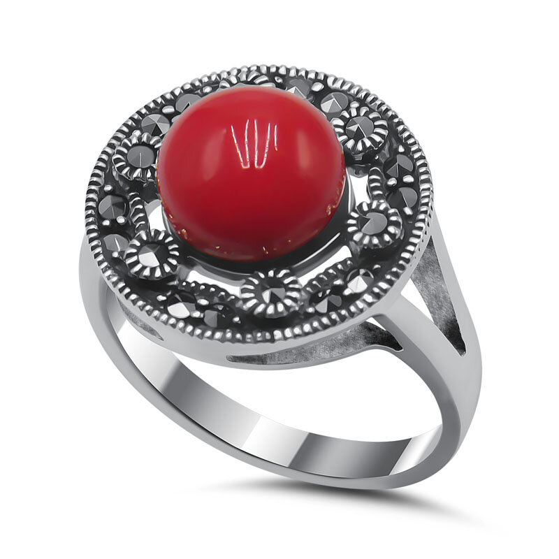 Кольцо, серебро, 925 проба, марказит, коралл