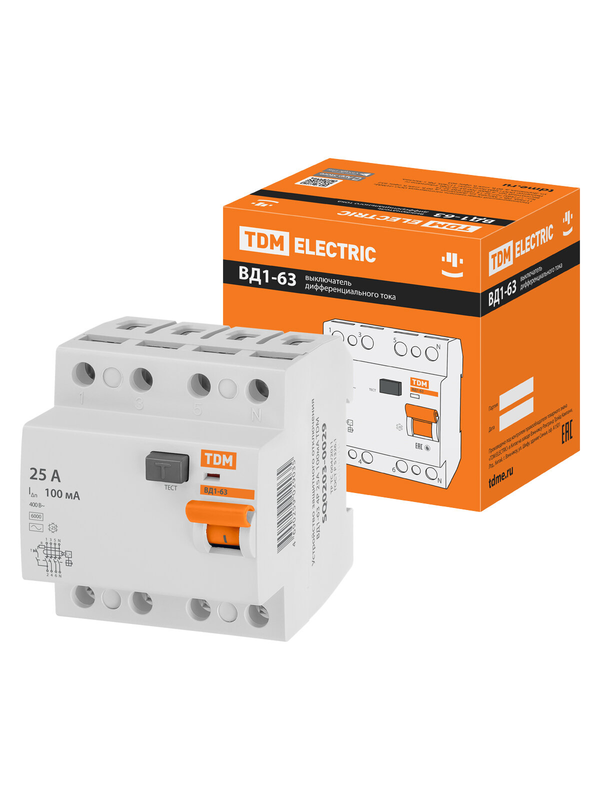 УЗО ВД1-63 4Р 25А 100мА TDM Electric