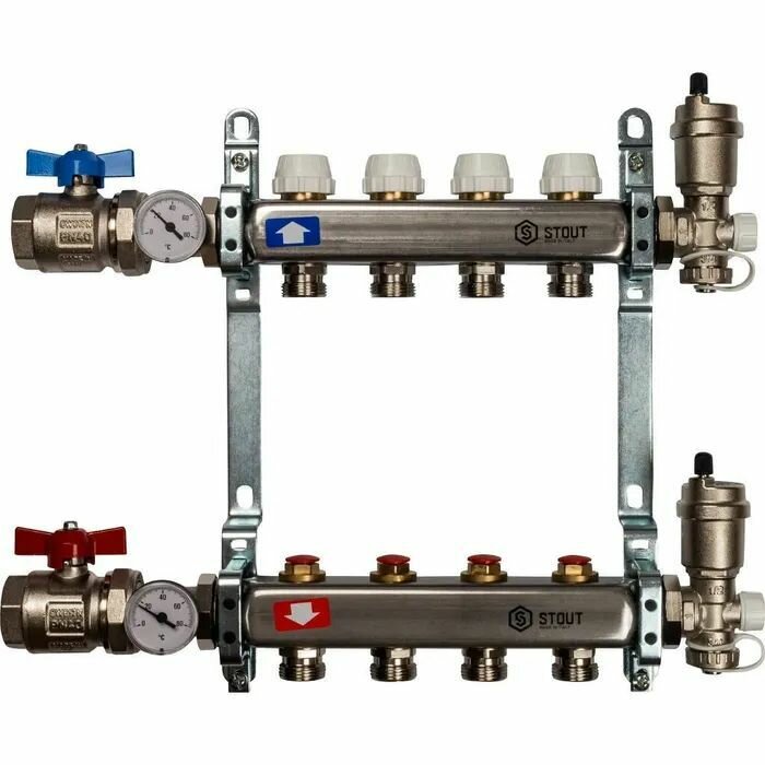 Коллектор STOUT с запорными клапанами, в сборе без расходомеров, 4 вых.