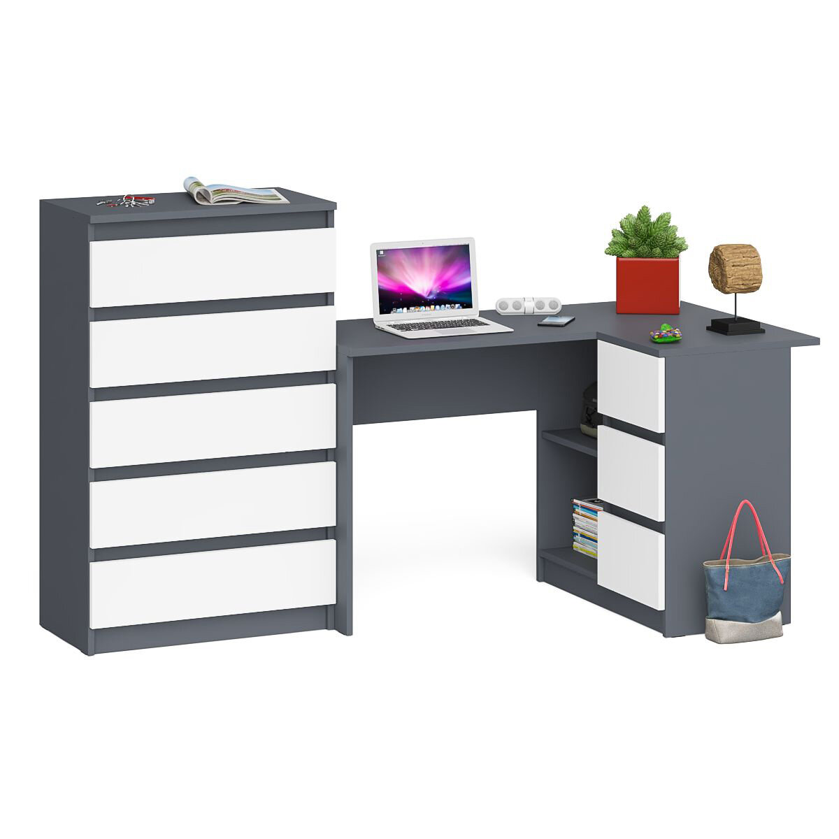 Угловой компьютерный стол для дома 195см графит/белый Спасибо-Мебель