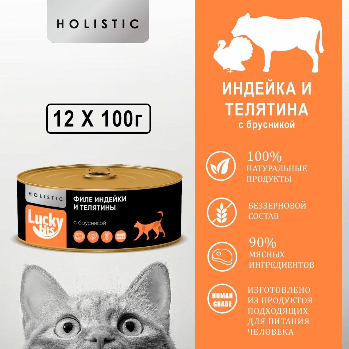 Корм для кошек влажный Lucky bits филе индейки и телятины с брусникой, 12 шт по 100 гр. Беззерновые консервы класса Holistic (Лаки битс)