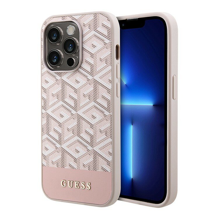 Guess чехол для iPhone 14 Pro, PU кожа G-CUBE розовый (MagSafe)