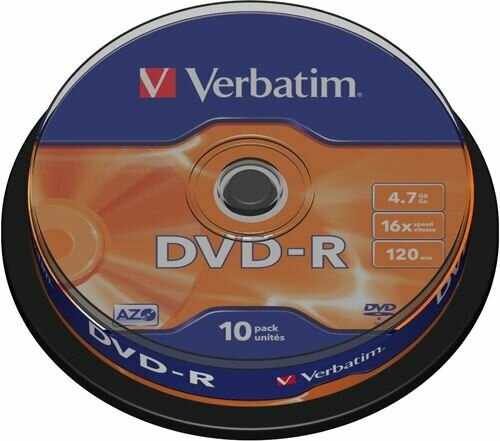 Диск DVD-R Verbatim 43523 4.7ГБ, 16x, 10 шт, Cake Box, Matte Silver