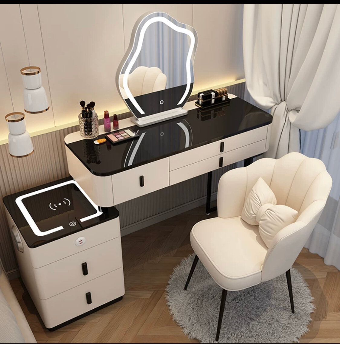 Туалетный столик MoonMalika (Стол 100см белое основание/ чёрное стекло / фигурное зеркало / стул с подушкой бантиком)
