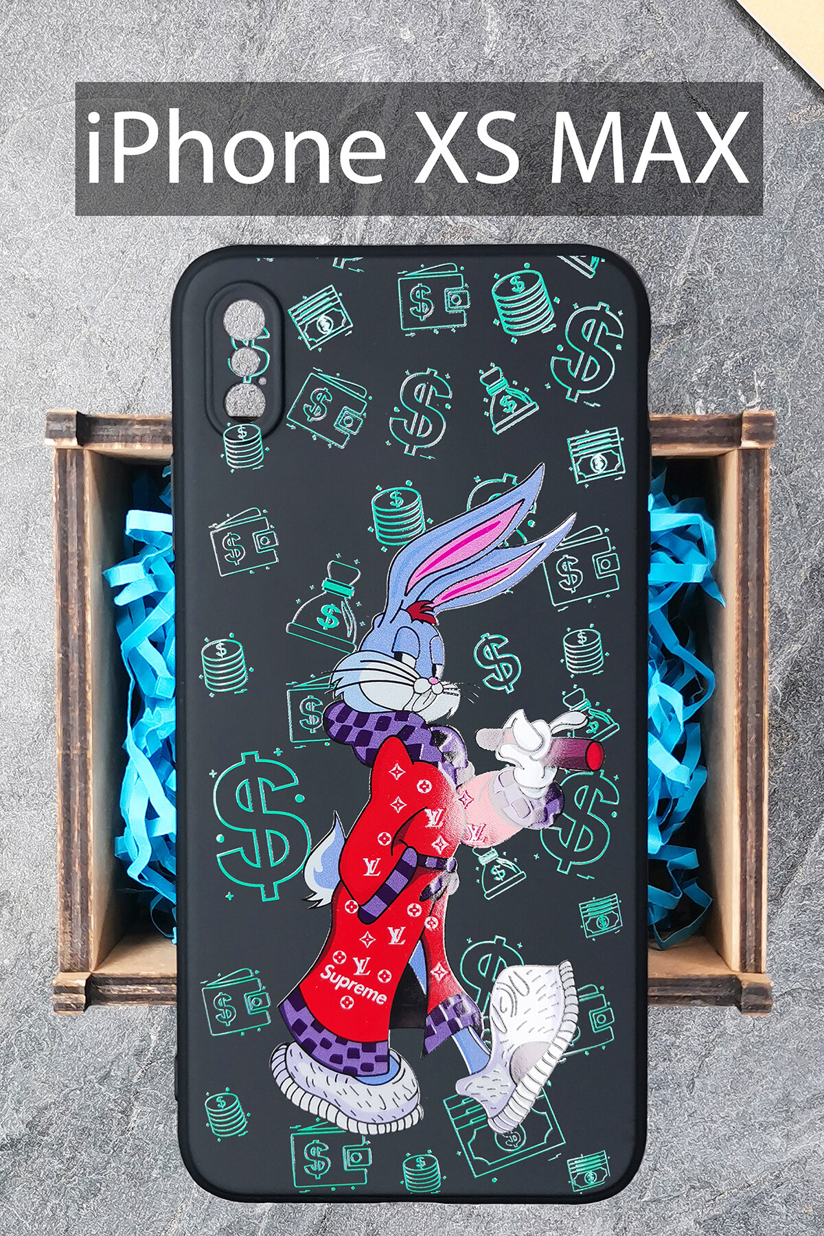 Силиконовый чехол Заяц Банни суприм неон для iPhone XS MAX / Айфон XС макс