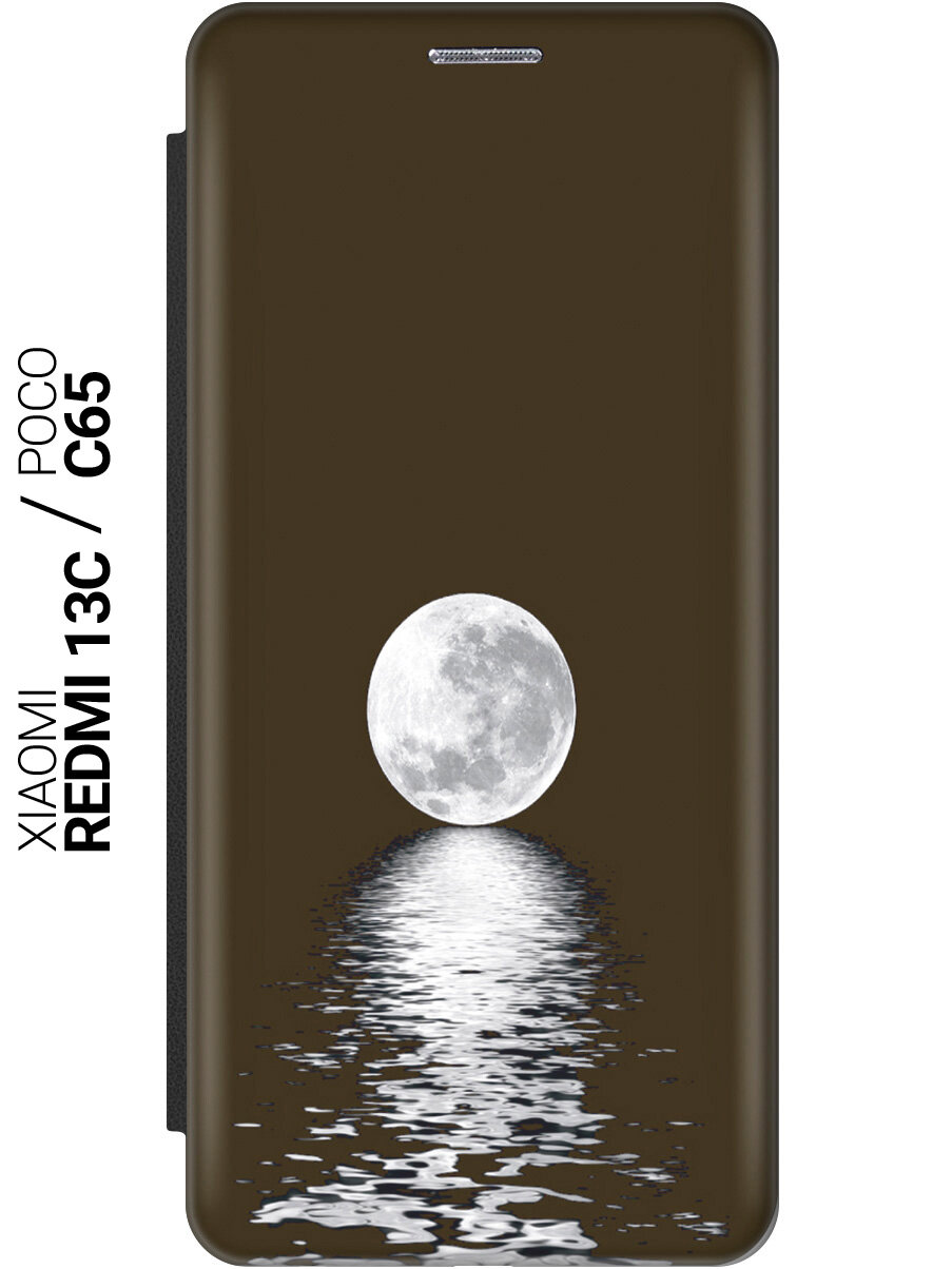 Чехол-книжка на Xiaomi Redmi 13C / Poco C65 / Сяоми Редми 13С / Поко С65 с рисунком "Луна над морем" черный