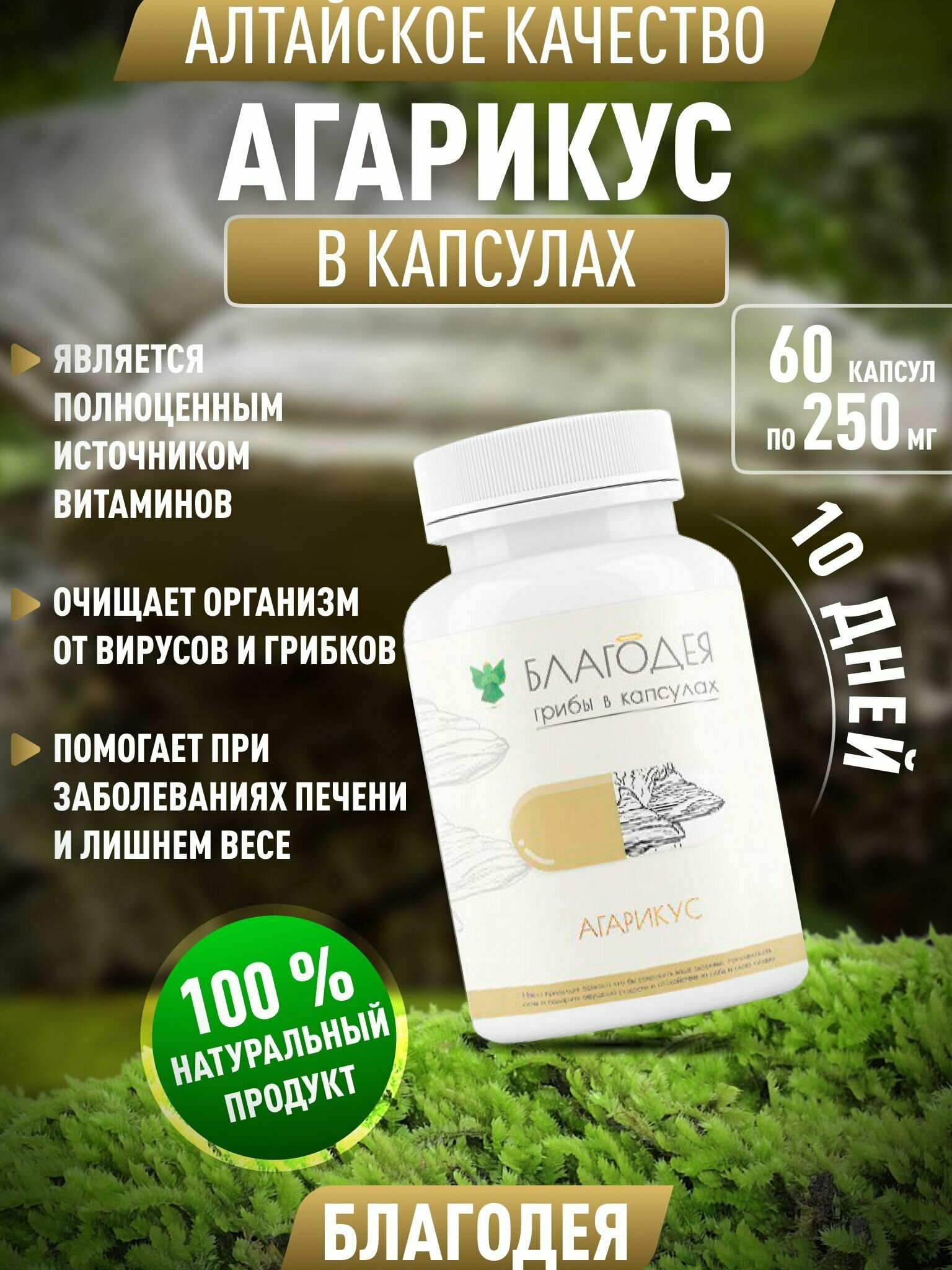 Агарикус в капсулах "Благодея-Алтай" очищение организма, 60 капсул по 250мг