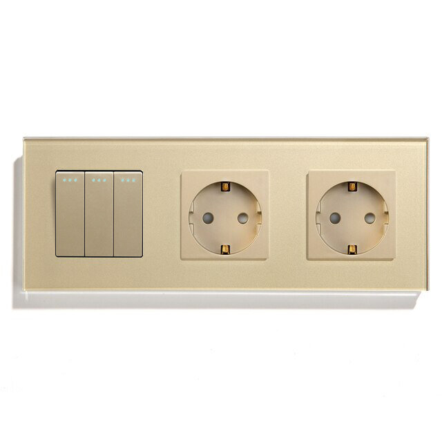Выключатель с розеткой, 3 клавиши 2 розетки, 3 поста (M3+2F) рамка стекло 228х86мм цвет золотой