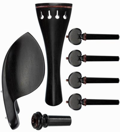 Violin accessory set Acura Meister Ultimo VS-NSGRT542 - Ultimo grade 3/4-4/4 violin accessory set of ebony with rosewood trim. Heart pegs, tailpiece of round design, Guarneri chin rest with English mount and inSight end pin.