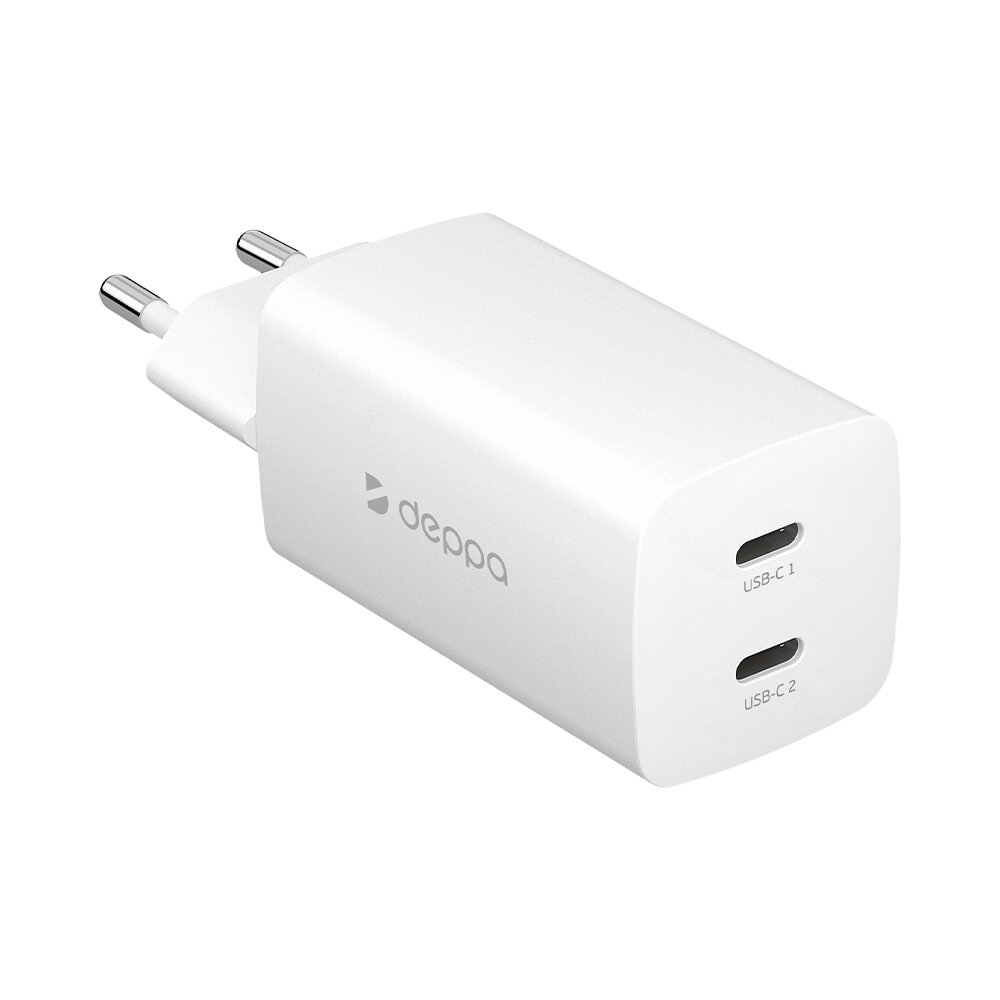 Сетевое зарядное устройство для телефона USB-C + USB-С, PD 3.0, 65W, GaN, белый, Deppa11445