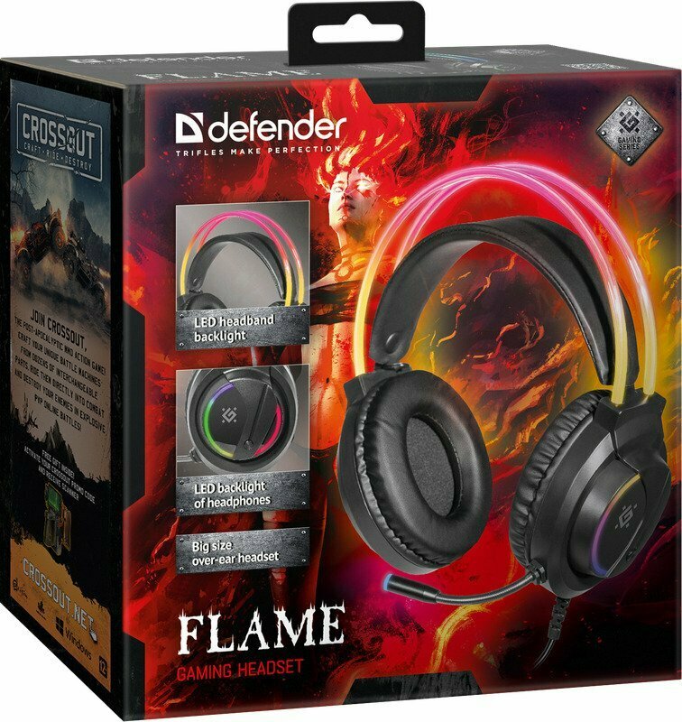 Игровая гарнитура Defender Flame RGB, микрофон, черно-красная, проводная — фото 1
