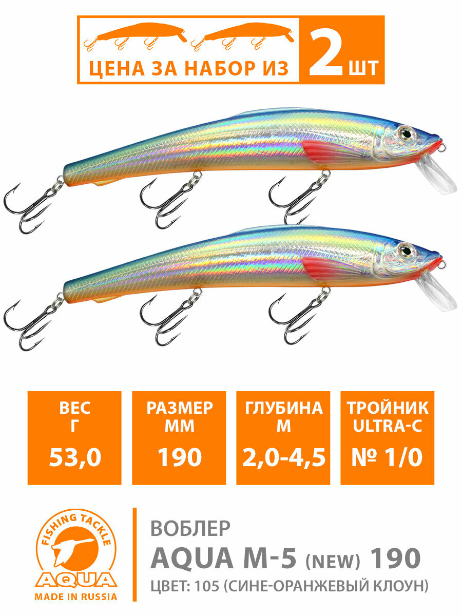 Воблер для рыбалки плавающий AQUA M-5 (new) 190mm 53g заглубление от 2 до 4.5m цвет 105 2шт