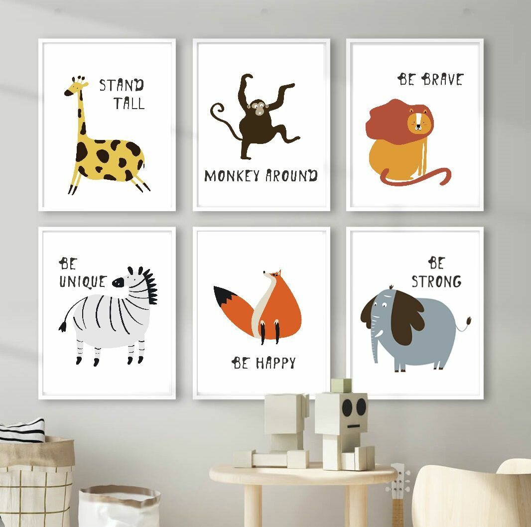 Набор постеров 6 шт "Рисунки с животными" 40x50 плакат для интерьера, картина на стену