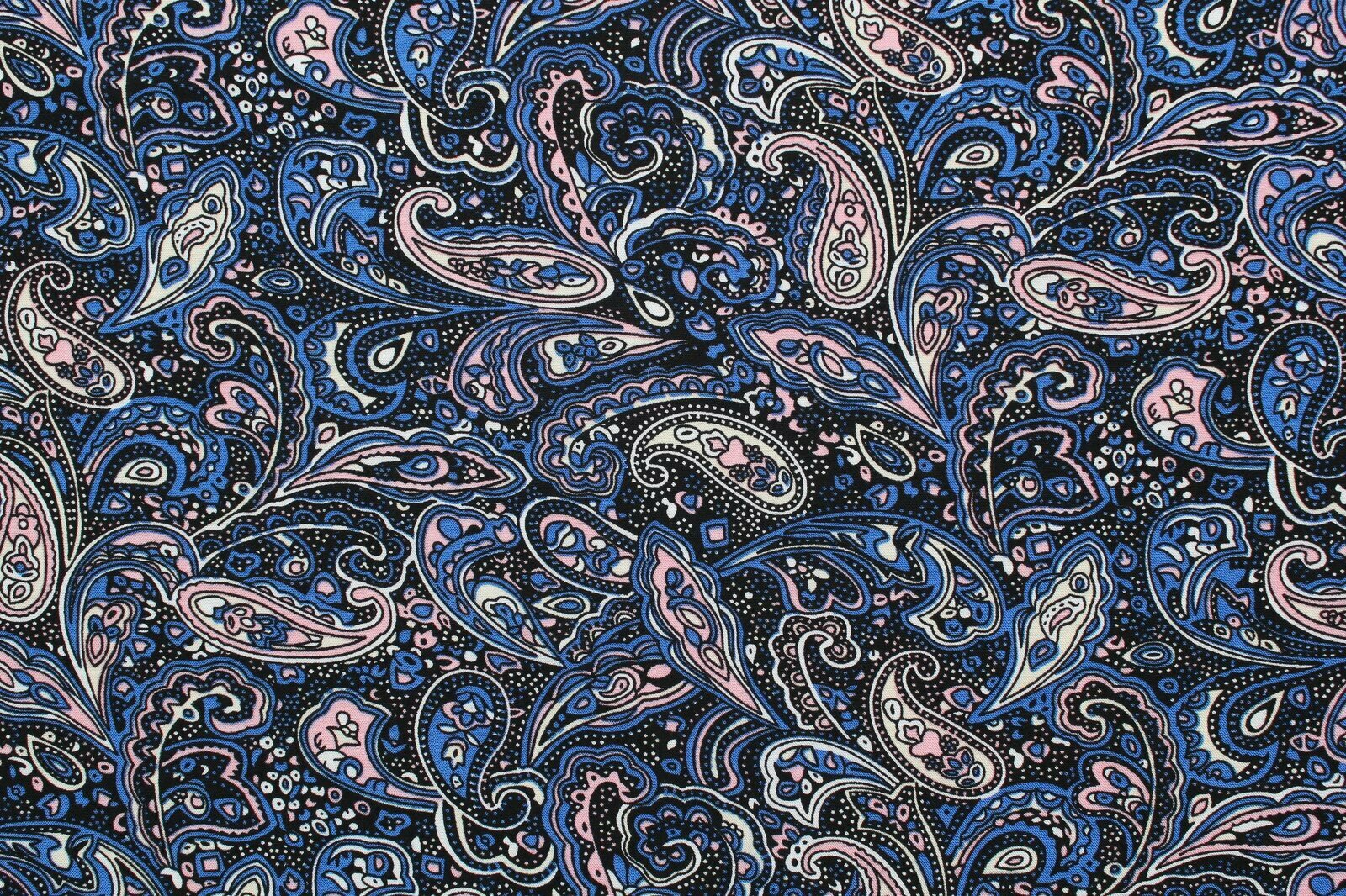Ткань Вискоза плательная узор пейсли в сине-розово-чёрно-кремовой гамме, ш144см, 0,5 м