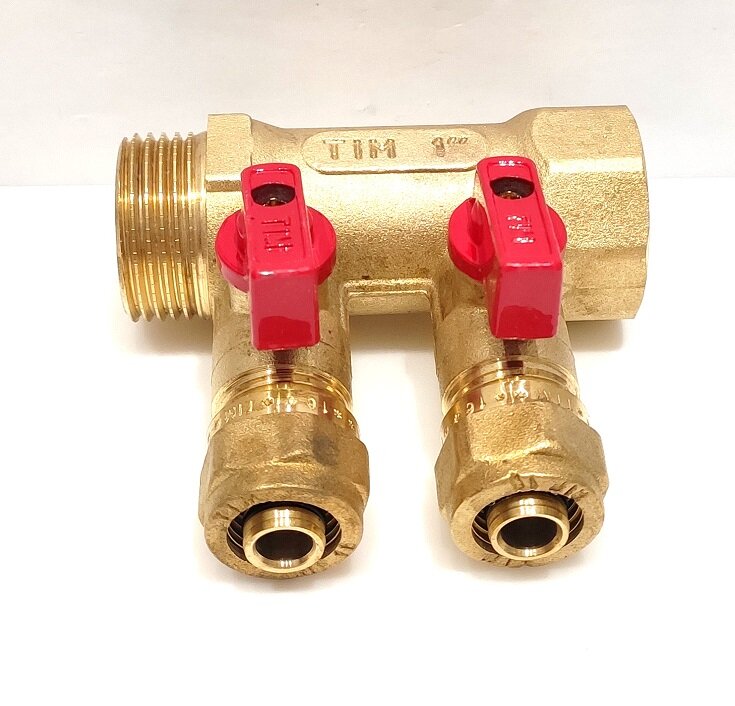 Коллектор TIM 1" с 2 кранами и выходами для трубы Pe-x 16x2,0мм