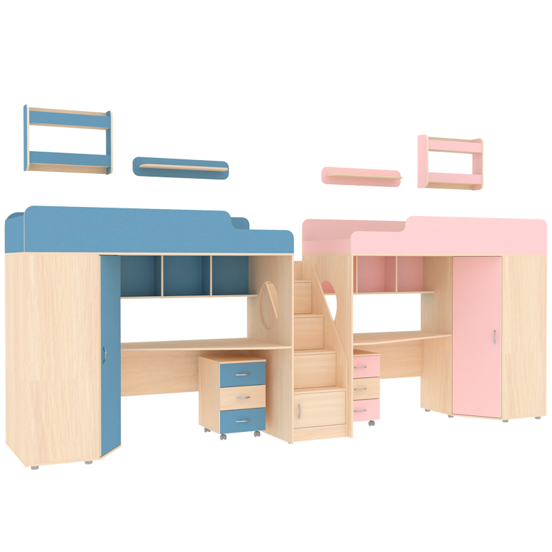 Детская стенка Л-№14 с полками 80х190 Дуб Молочный Светло Синий/Розовый