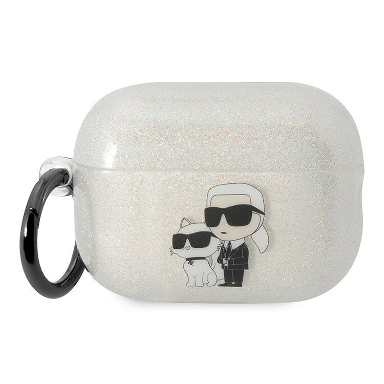Karl Lagerfeld прозрачный с блестками чехол для Airpods Pro 2, TPU Glitters with ring NFT Karl & Choupette