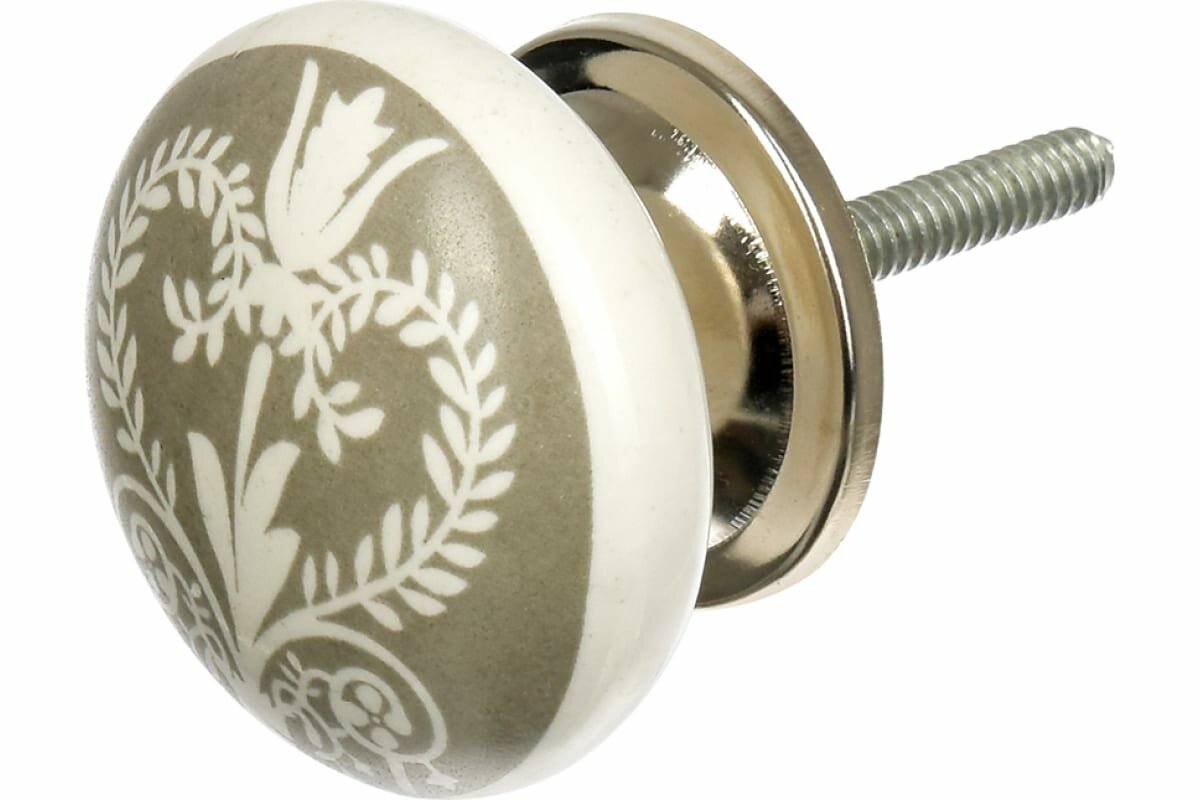 Керамическая кнопка Blumen Haus Тюльпан врезная глянцевая 40 мм, цвет серый, материал керамика/металл, форма круглая, декоративный вставочный фарфор, предназначена для корпусной мебели классика.