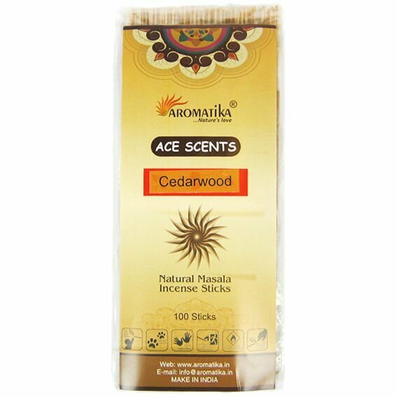 Ace Scents CEDARWOOD Natural Masala Incense Sticks, Aromatika (кедр натуральные ароматические палочки, Ароматика), 100 палочек.