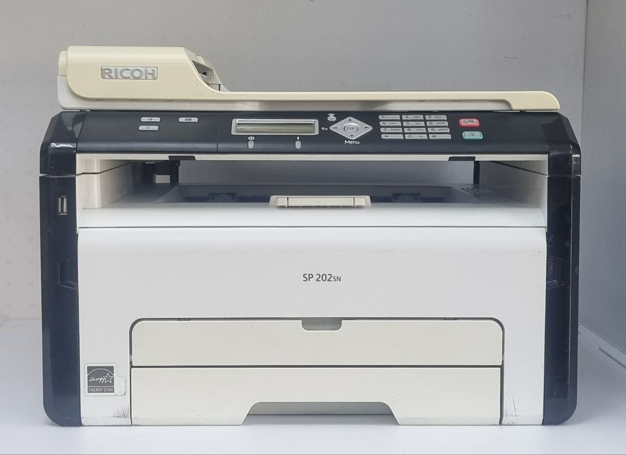 МФУ Ricoh SP 202SN (A4, 22 стр/мин, 32Mb, LCD, лазерное МФУ, 1200x600dpi, USB2.0, сетевой, ADF
