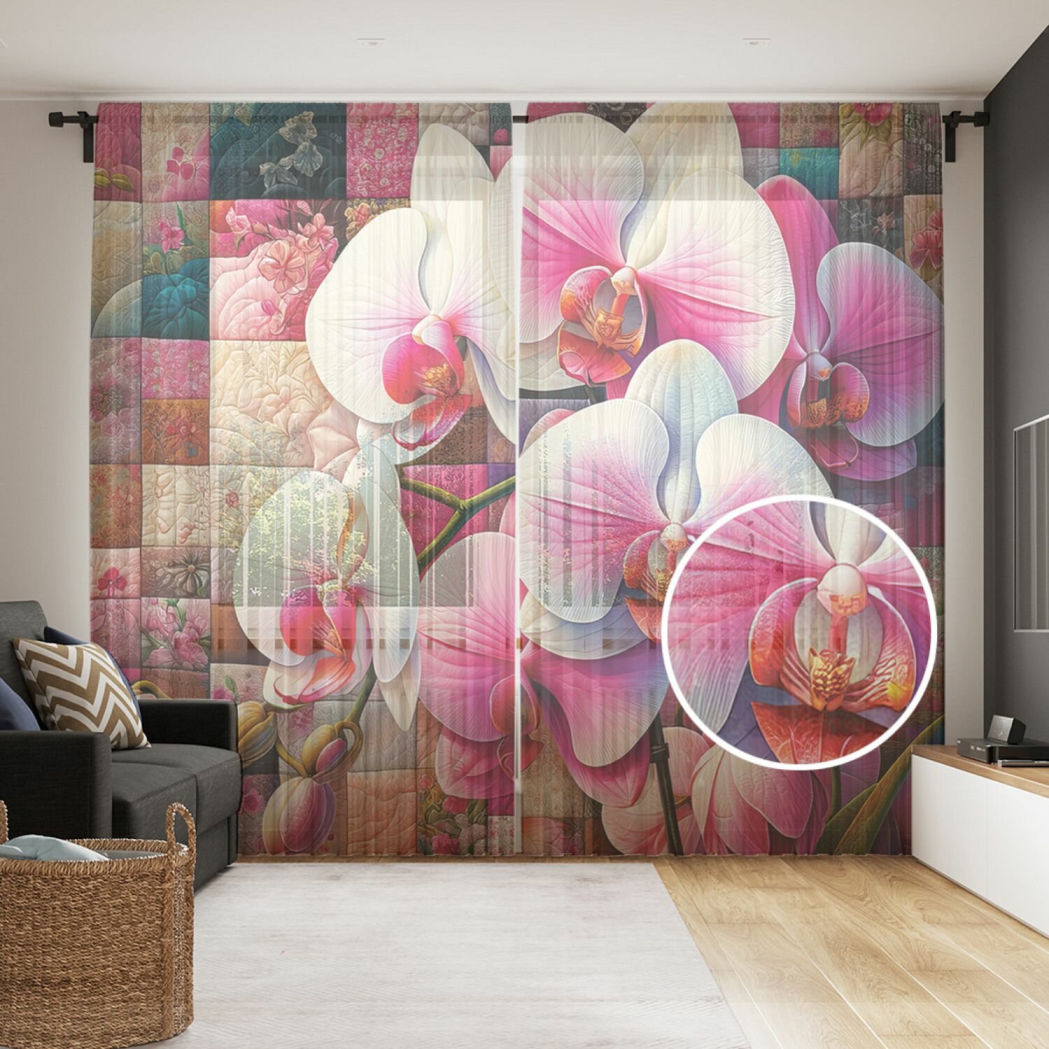 Тюль, фототюль длинный JoyArty "Орхидея на мозаике" высота 265 см, ширина 145 см (по 2 полотна)
