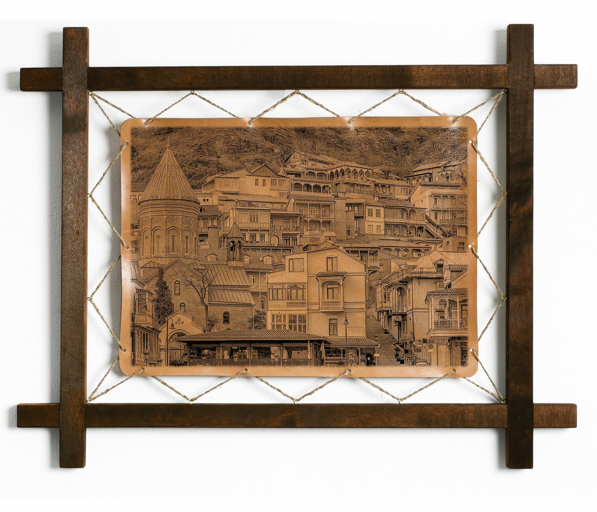 Интерьерная картина из натуральной кожи "Старый Тбилиси", декоративное настенное панно в деревянной раме, BoomGift