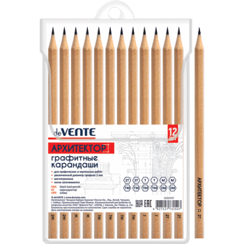 Набор чернографитных карандашей deVENTE 12 шт, 2Т-2, Т-2, ТМ-4, М-2, 2М-2 "Архитектор" 6-гранные, заточенные, натуральный лакированный корпус